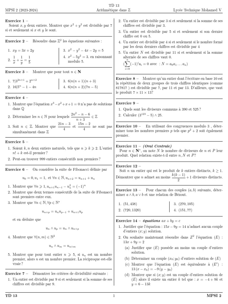 13 Arithmetiques Des Entiers | PDF | Nombre premier | Entier naturel
