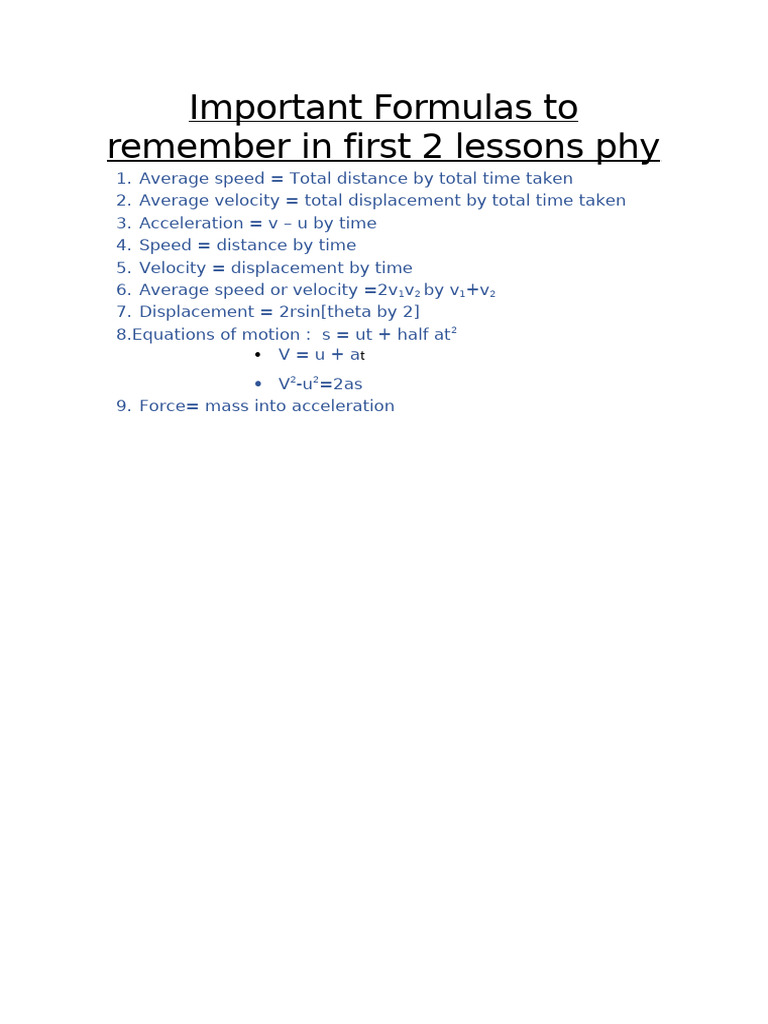Important Formulas To Remember in First 2 Lessons Phy | PDF