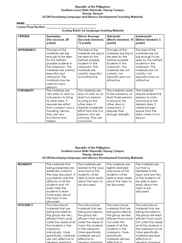 Rubrics For Exhibit On Developing Instructional Materials in Language and Literacy | PDF ...