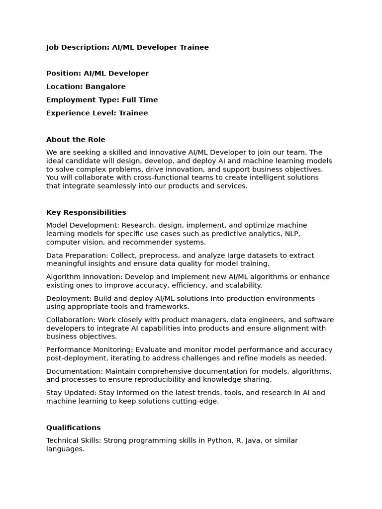 AI/ML Developer Trainee Position in Bangalore | PDF | Machine Learning ...
