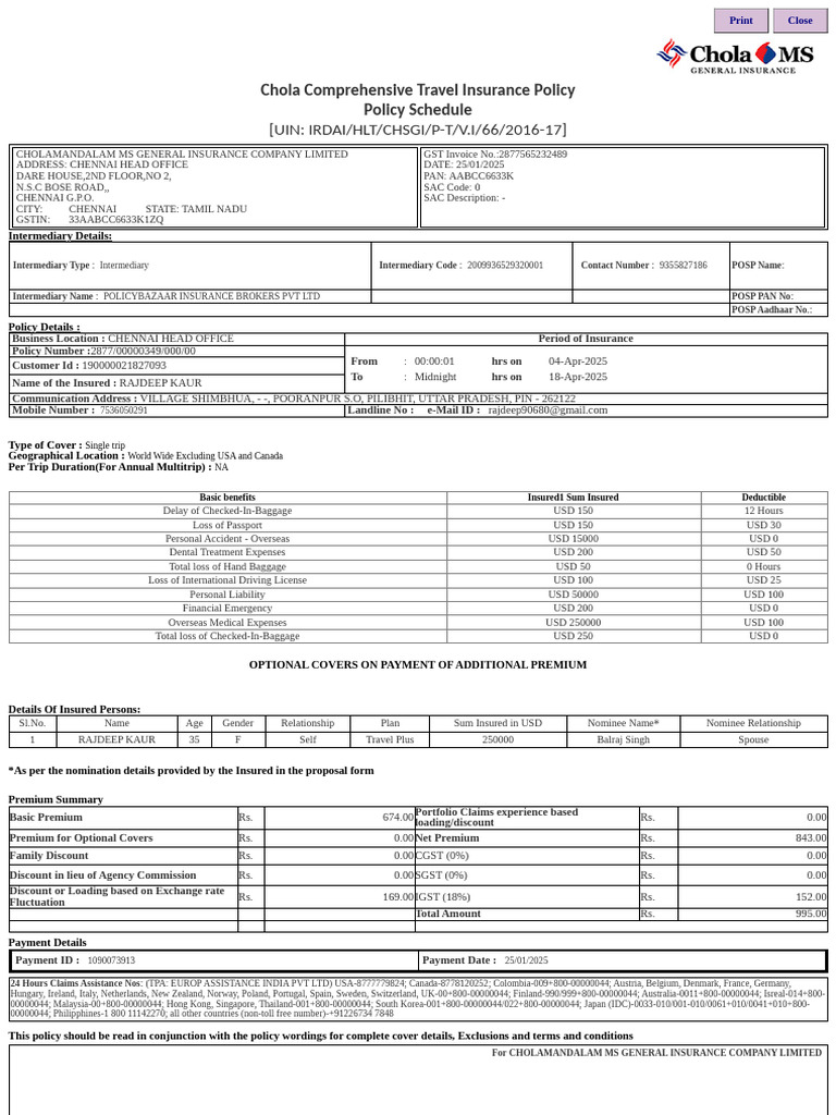 Policy Insurance CHOLA MANDALAM Format | PDF | Insurance | Financial ...