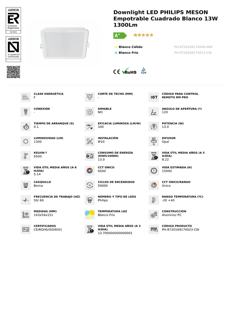 Downlight LED PHILIPS MESON Empotrable Cuadrado Blanco 13W 1300Lm | PDF | Diodo emisor de luz ...