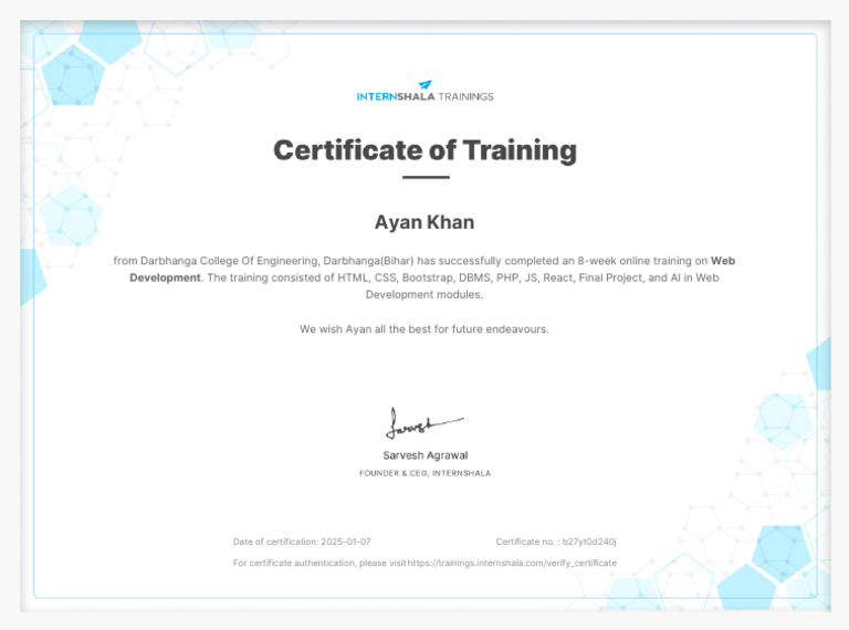 Ayan Khan's Web Development Training Completion | PDF