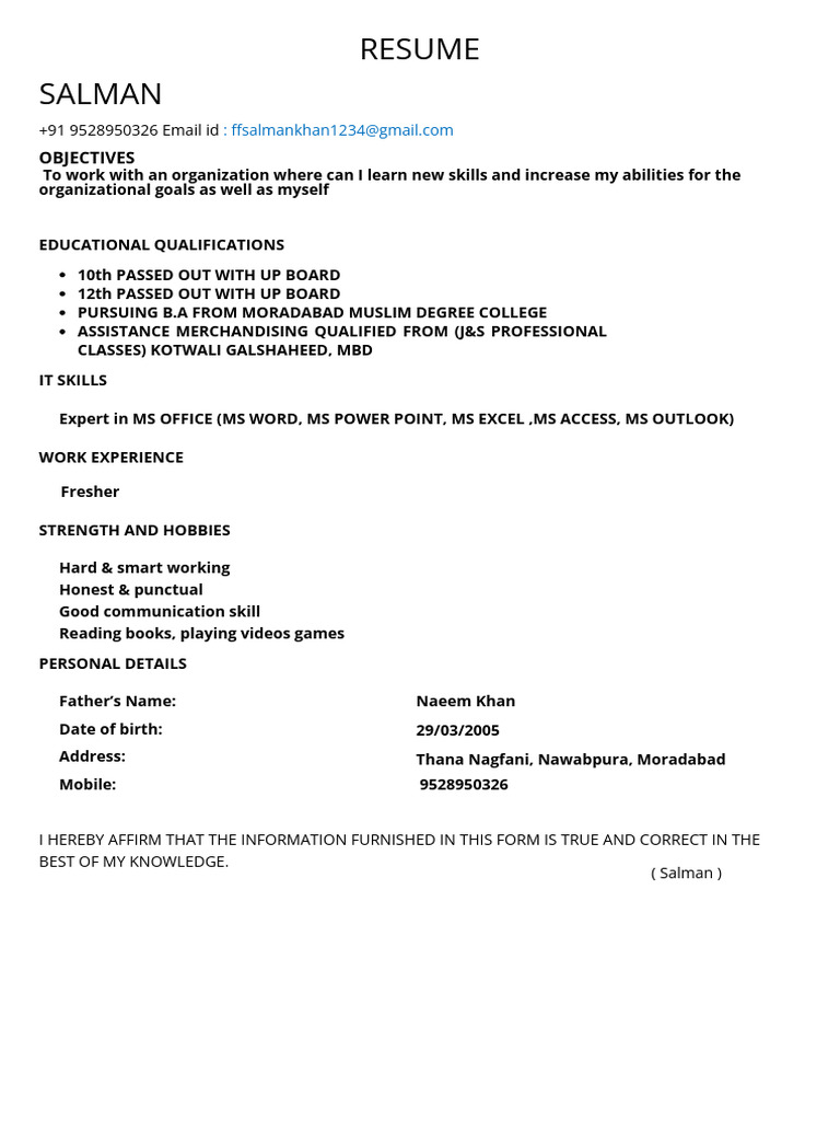 SALMAN KHAN RESUME.pdf | PDF