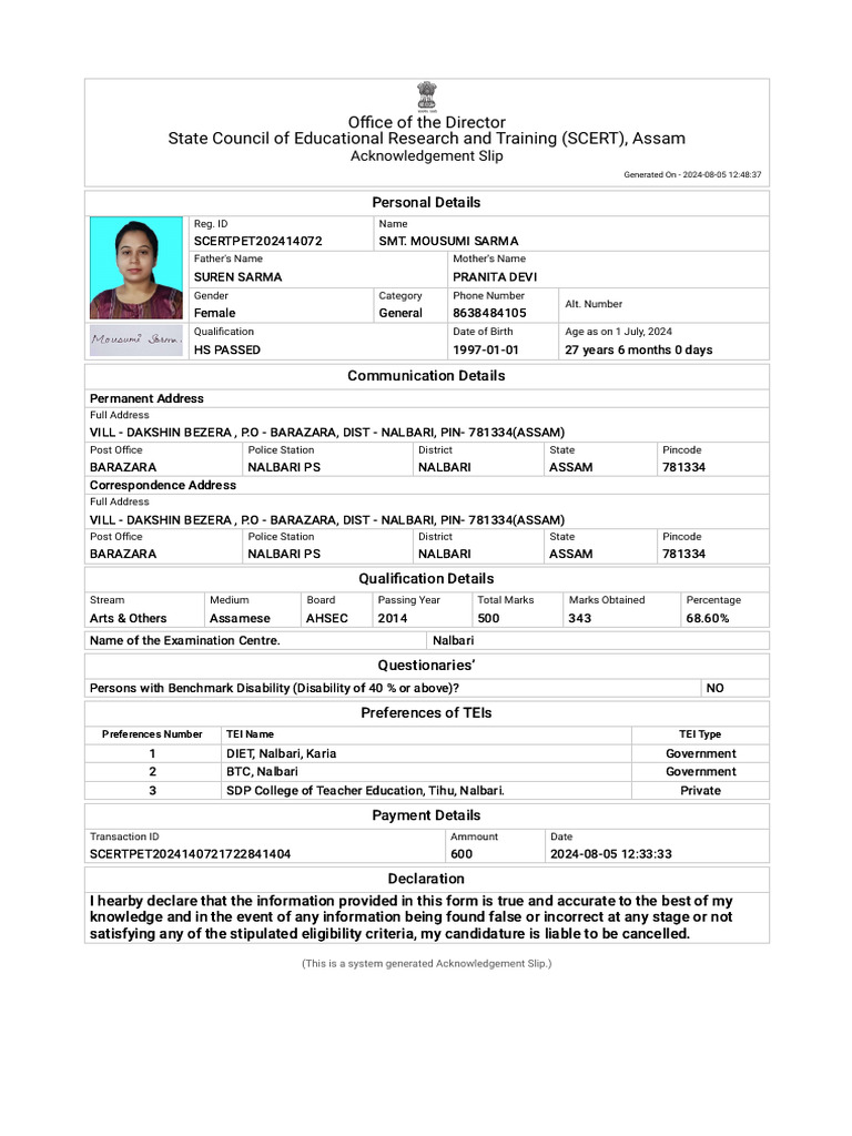 SCERT Assam Acknowledgement Slip | PDF | Access Control | Computer ...