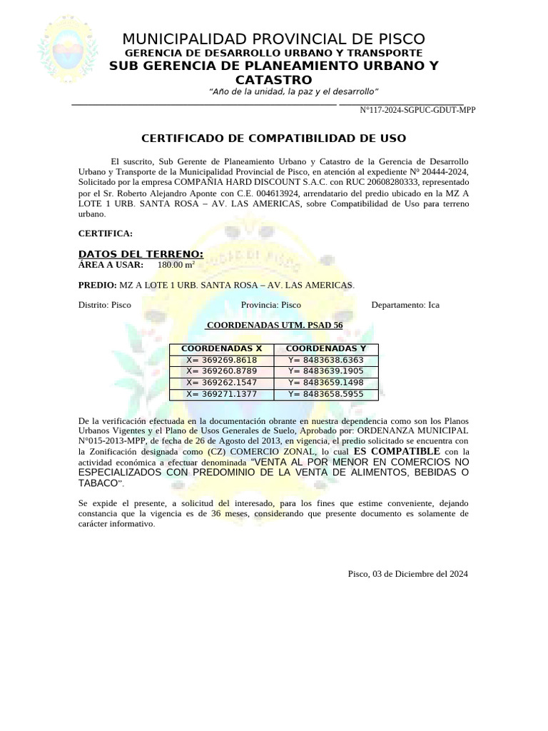 Certificado de Compatibilidad y Uso 117 Exp. 20444 | PDF