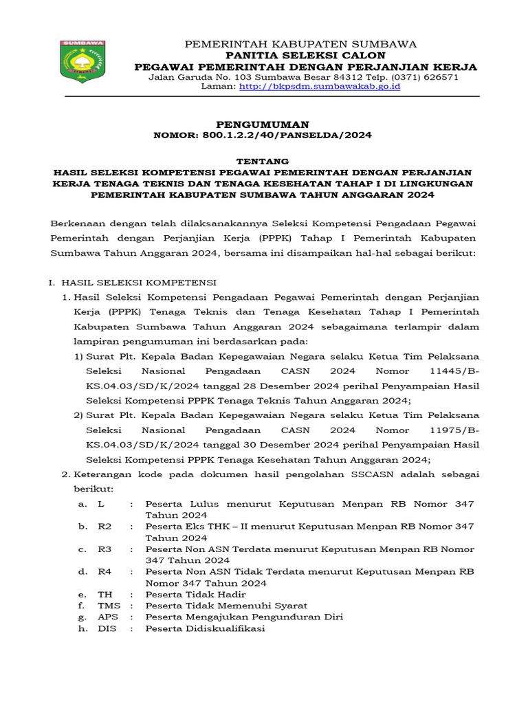 40. Pengumuman Hasil Seleksi Kompetensi PPPK Tahap I T.a 2024 Teknis Dan Nakes | PDF