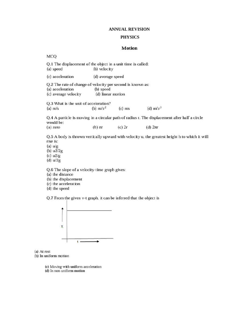 Motion - Revision Worksheet - MCQs | PDF