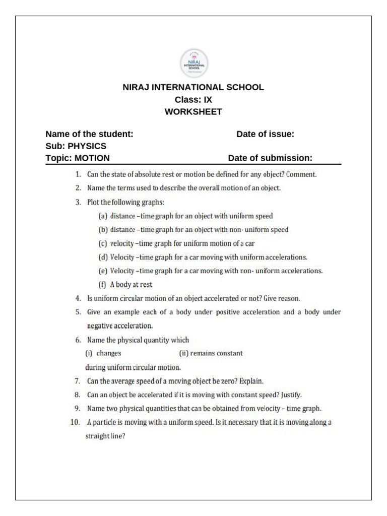 Motion - Revision Worksheet | PDF