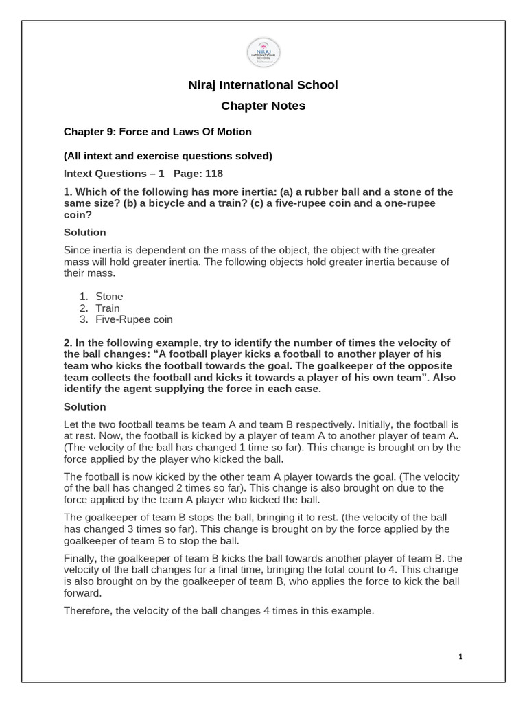 Force and Laws of Motion - Notes | PDF | Force | Momentum