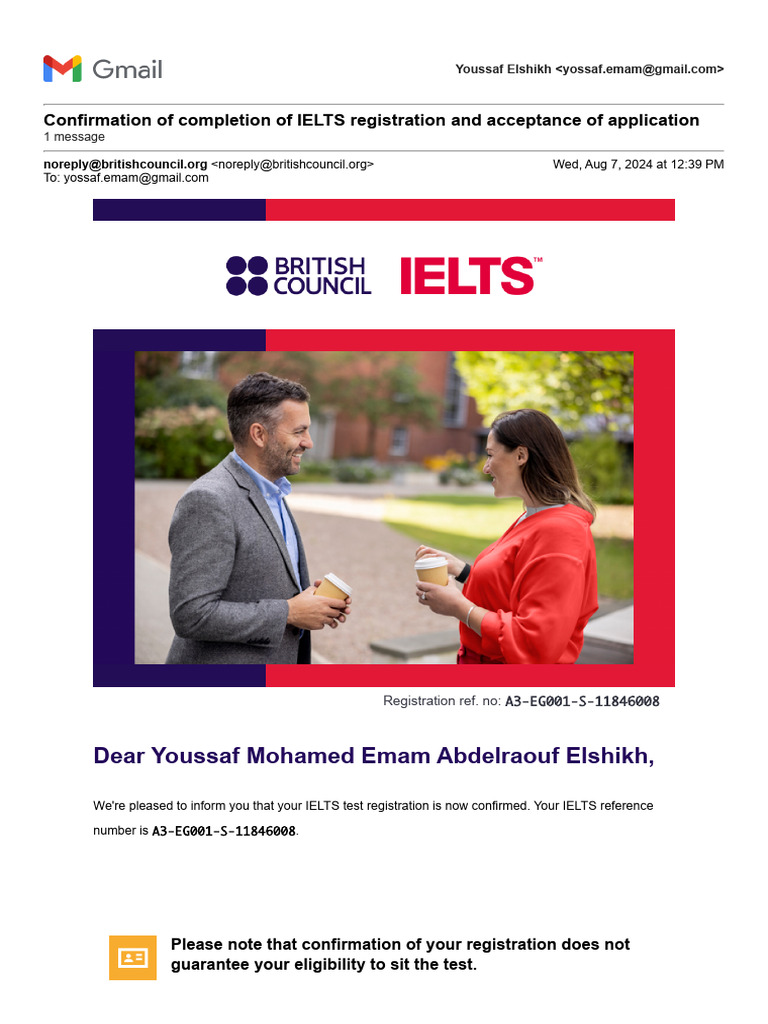 Gmail - Confirmation of Completion of IELTS Registration and Acceptance of Application | PDF ...