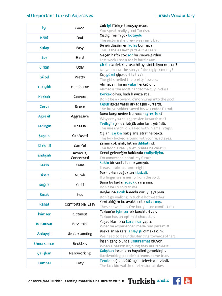 50 Important Turkish Adjectives | PDF
