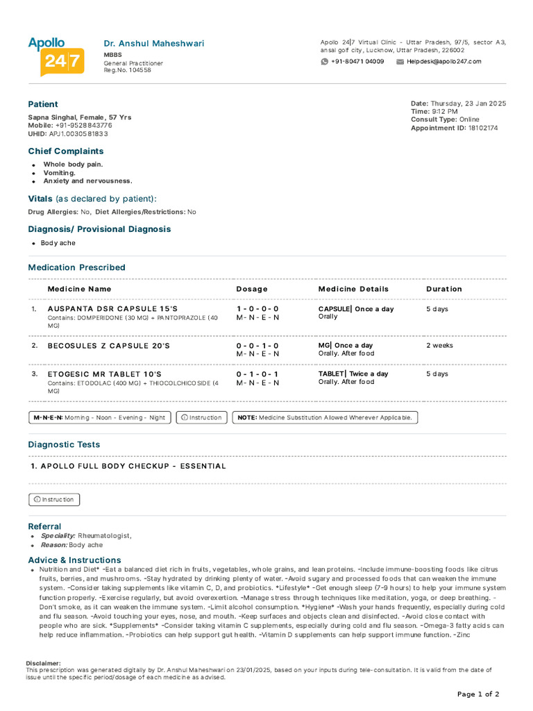 Prescription - Apollo 2471737647830010 | PDF | Hygiene | Infection