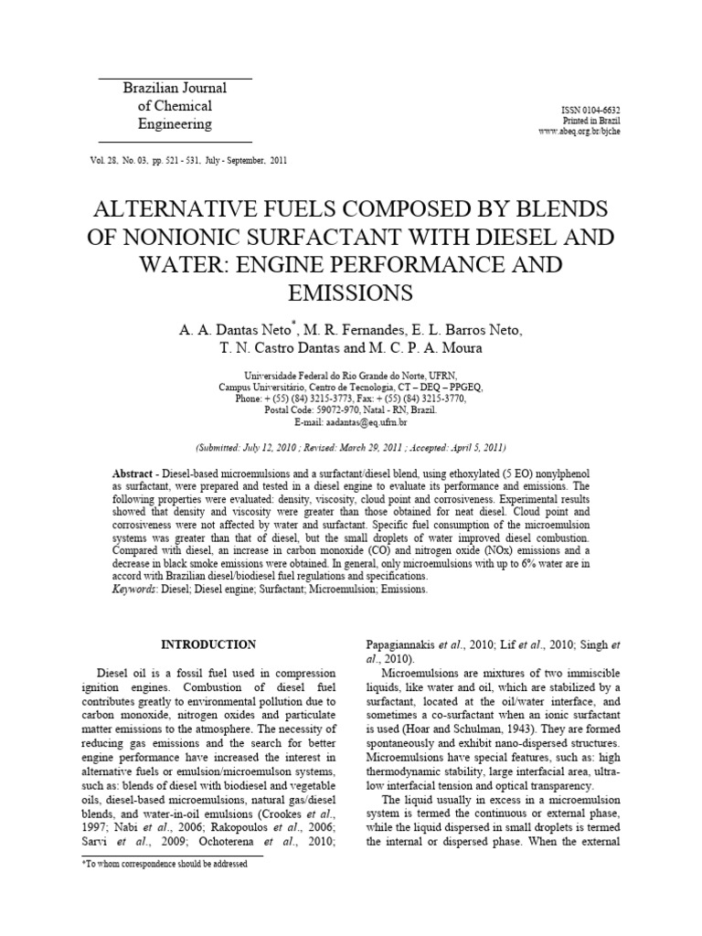 Alternative Fuels Composed by Blends of Nonionic Surfactant With Diesel ...