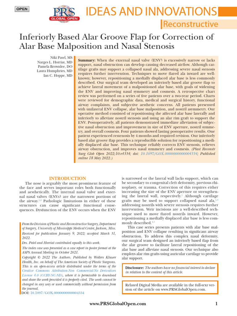 Inferiorly Based Alar Groove Flap For Correction o | PDF | Human Nose ...