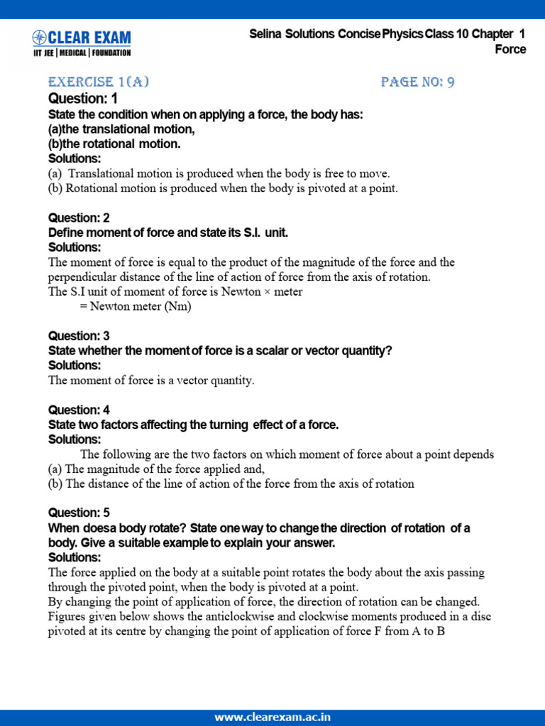 Force and Motion: Class 10 Physics Solutions | PDF | Acceleration | Force
