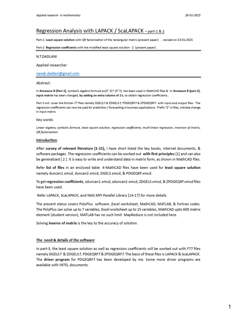 Regression Analysis With LAPACK/ScaLAPACK - Part 1 & 2 | PDF | Least Squares | Matrix (Mathematics)