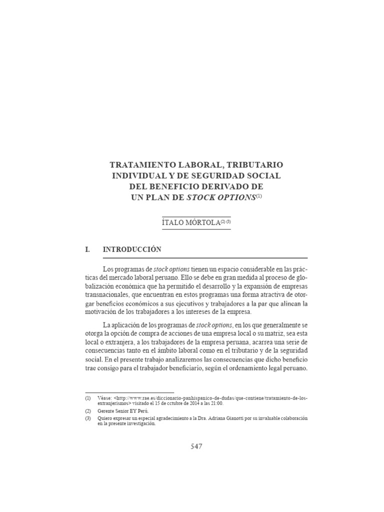 UPC CL 4.2. Stock Options Tratamiento Laboral y Tributario Italo Mortol | PDF | Salario | Opción ...
