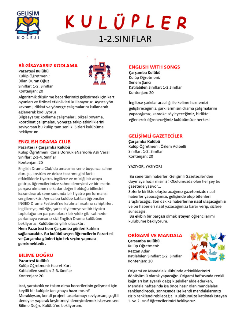 1-2-Siniflar Kulüp Broşürü 2024 | PDF