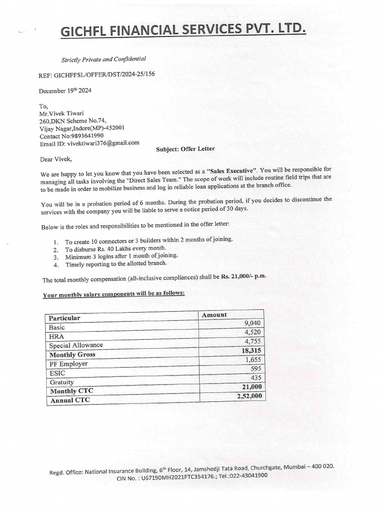 Offer Letter - Vivek Tiwari | PDF