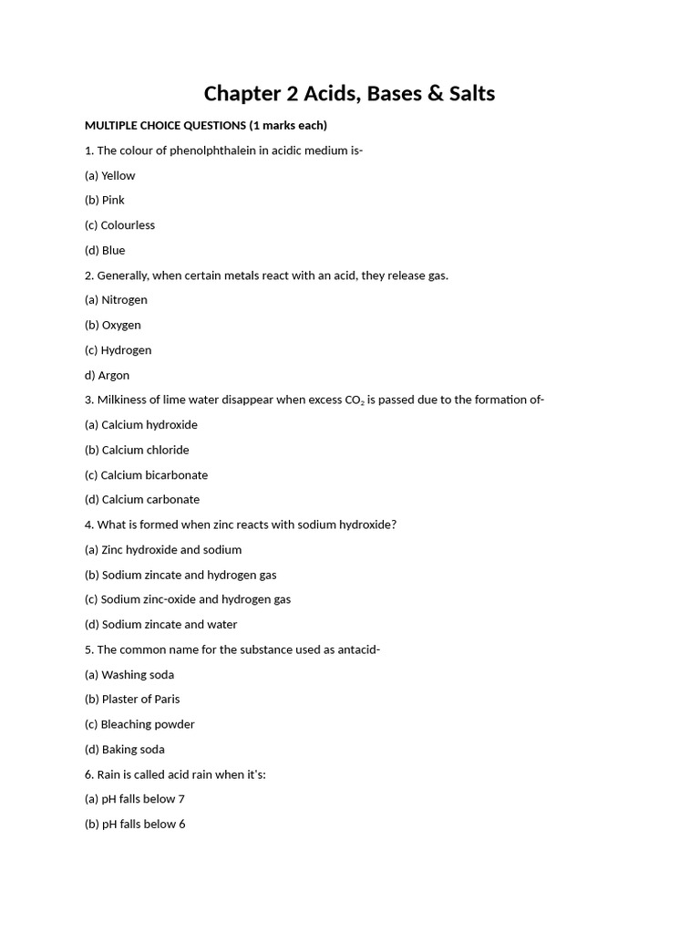 Acids, Bases, and Salts Quiz Questions | PDF | Acid | Sodium Carbonate