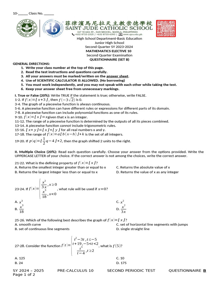 QE2 Set B (Pre-Calculus) | PDF | Function (Mathematics) | Mathematical Analysis