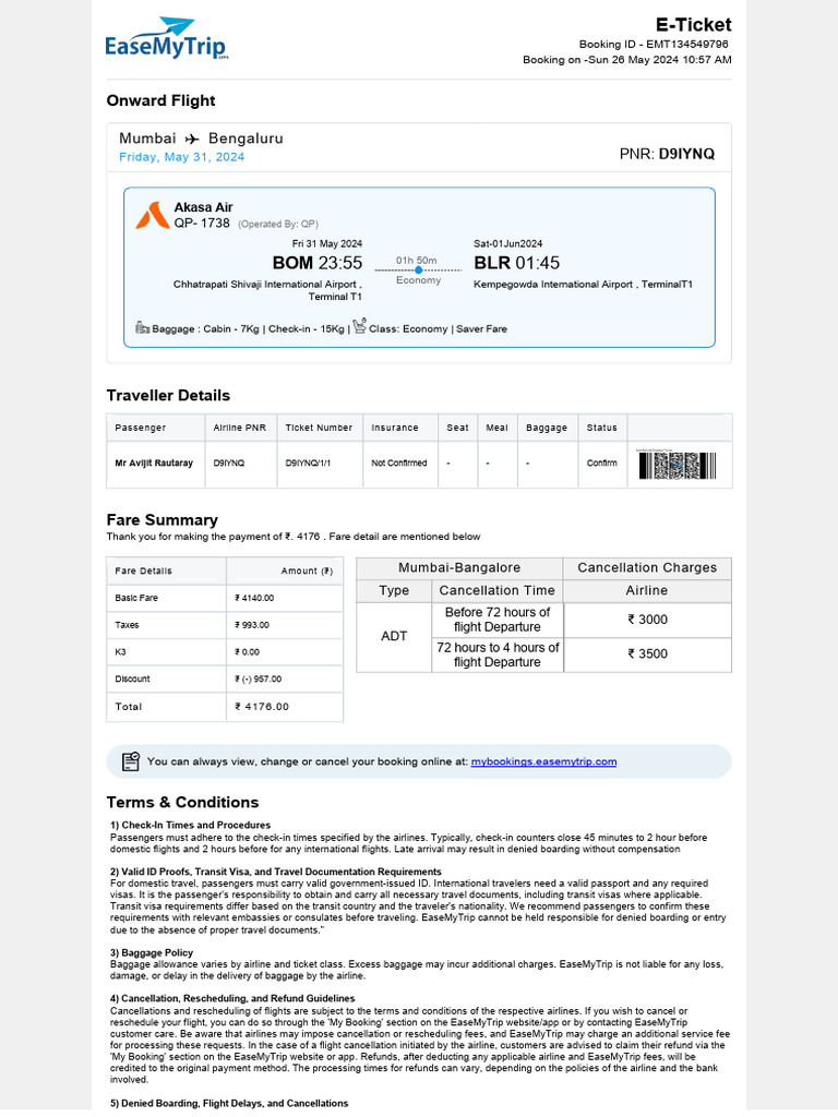 BOM-BLR | PDF | Travel Visa | Airlines