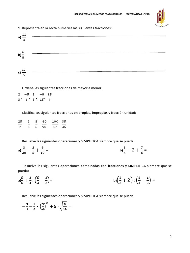 REPASO Tema 4. FRACCIONES 1ºESO | PDF