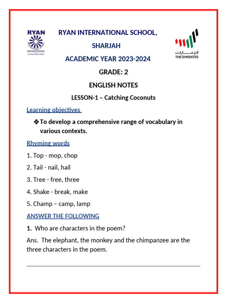 Catching Coconuts: Grade 2 English Notes | PDF