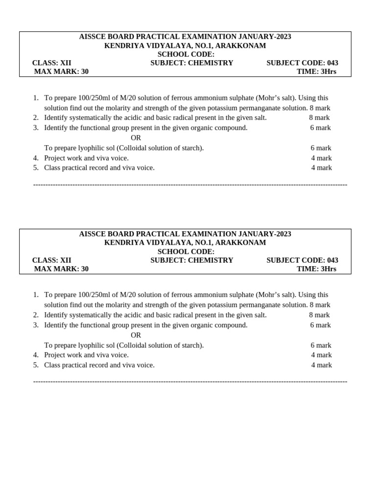 AISSCE Class 12 Chemistry Practical Exam | PDF