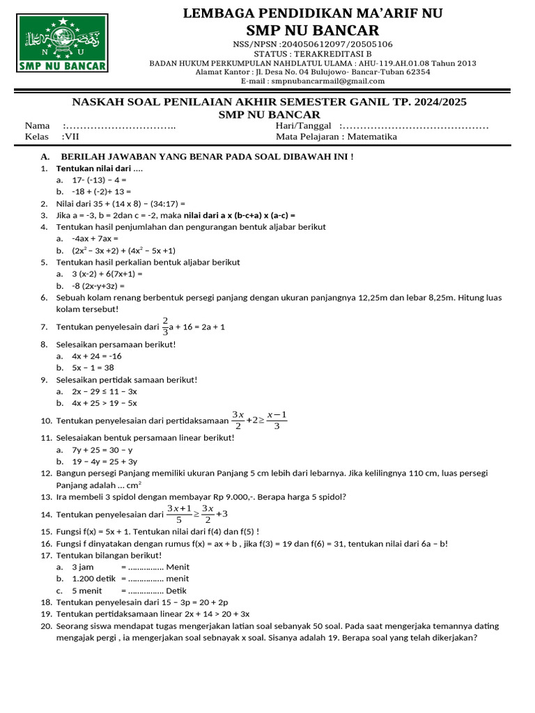 MTK Semester Ganjil 20242025 | PDF