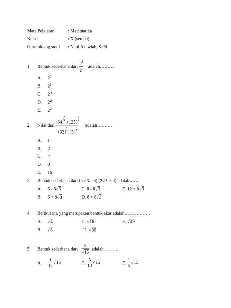 soal matematika kelas X (semua) | PDF