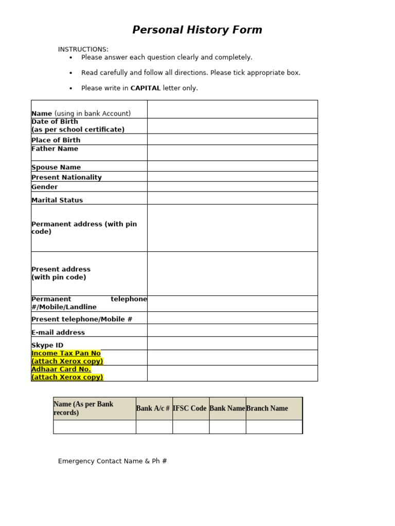 Personal History Form - Blank | PDF