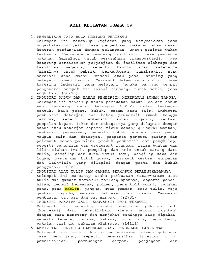 Kbli Kegiatan Usaha Cv-1 | PDF