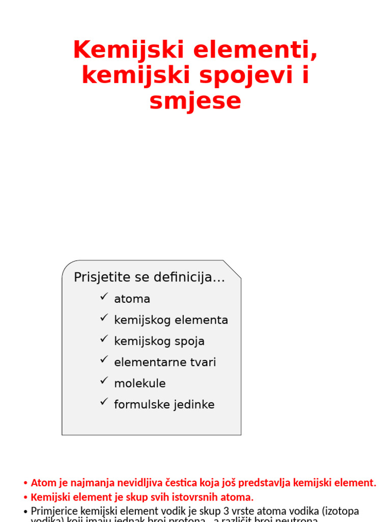 Kemijski Elementi, Kemijski Spojevi I Smjese, 2022 | PDF
