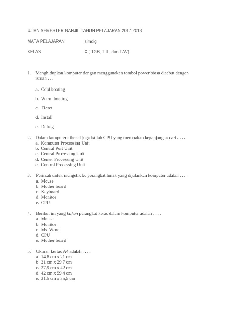Soal Simdig Kls X TGB, X T.IL, X TAV | PDF