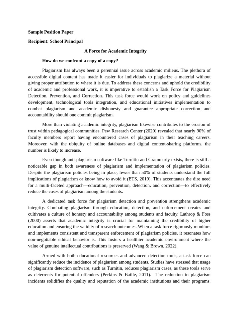 Sample-Position-Paper (1) | PDF | Plagiarism | Academic Integrity