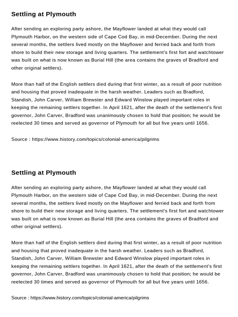 Settling at Plymouth | PDF | Plymouth Colony | English Colonization Of ...