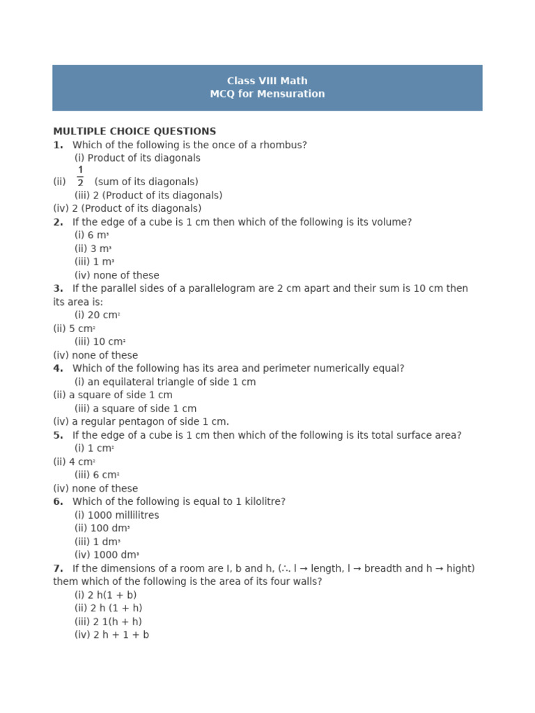 Class VIII Mensuration MCQs and Tests | PDF | Area | Rectangle