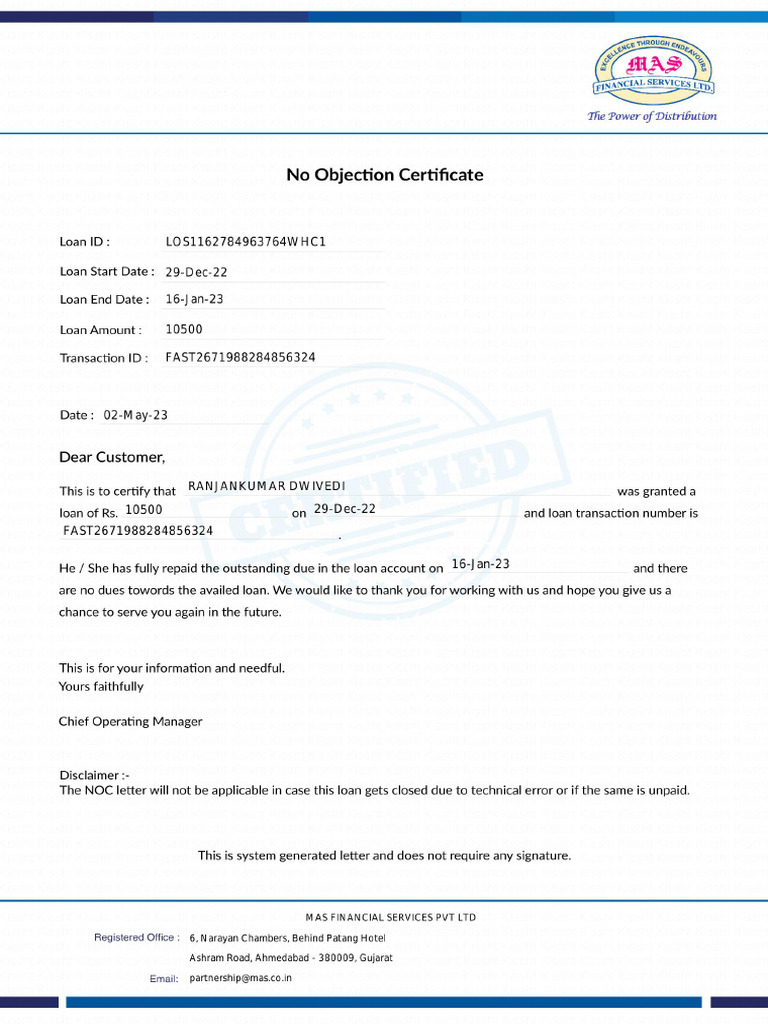 Noc Letter LOS1162784963764WHC1 | PDF