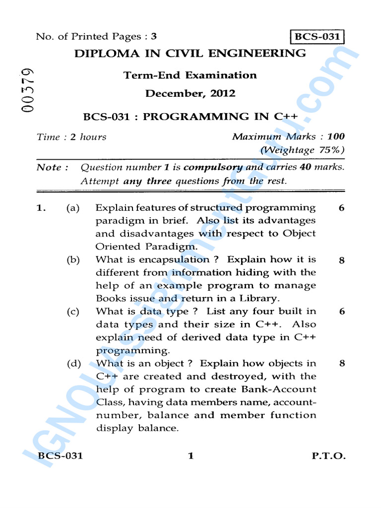 BCS 031 June2010 June2023 IGNOUAssignmentGuru - Com Merged | PDF | C++ | Class (Computer ...