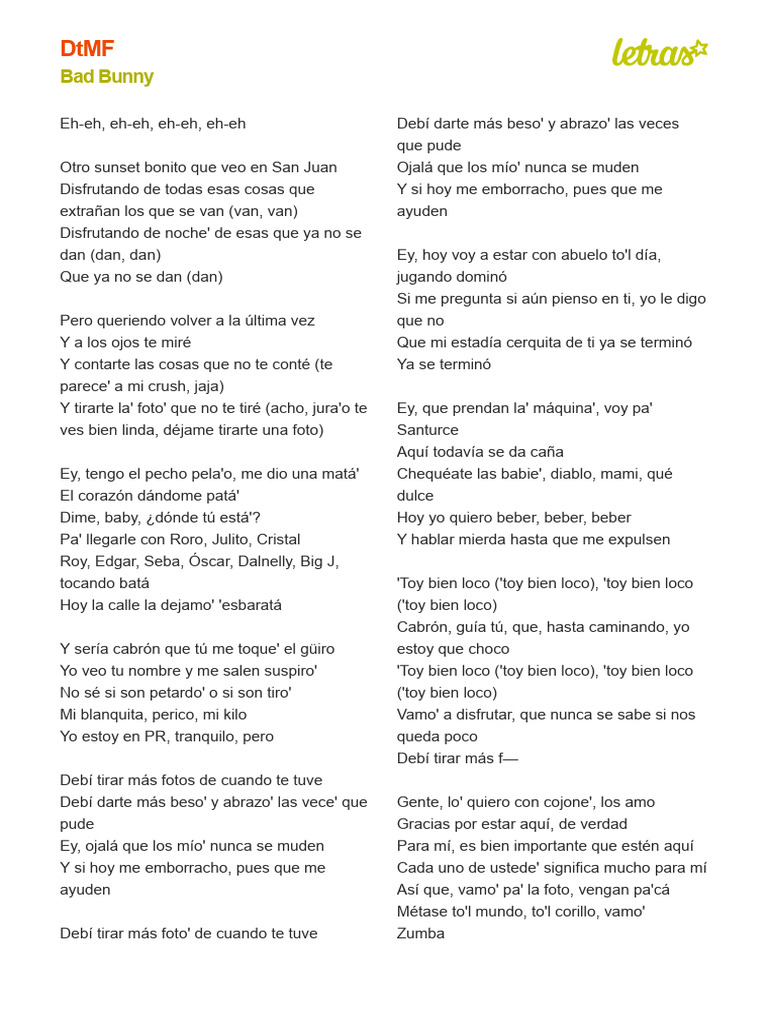 DTMF - Bad Bunny (Impressão) | PDF