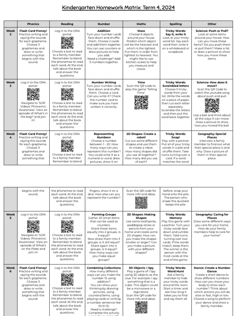 Kindy Homework Matrix Term 4 | PDF
