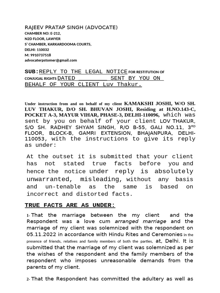 Reply to Legal Notice for Conjugal Rights | PDF | Marriage | Kinship ...