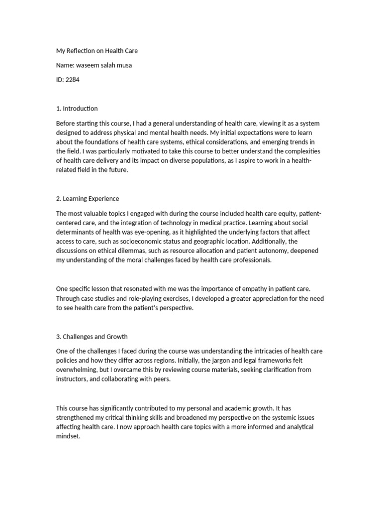 My Reflection On Health Care | PDF | Health Care | Social Psychology