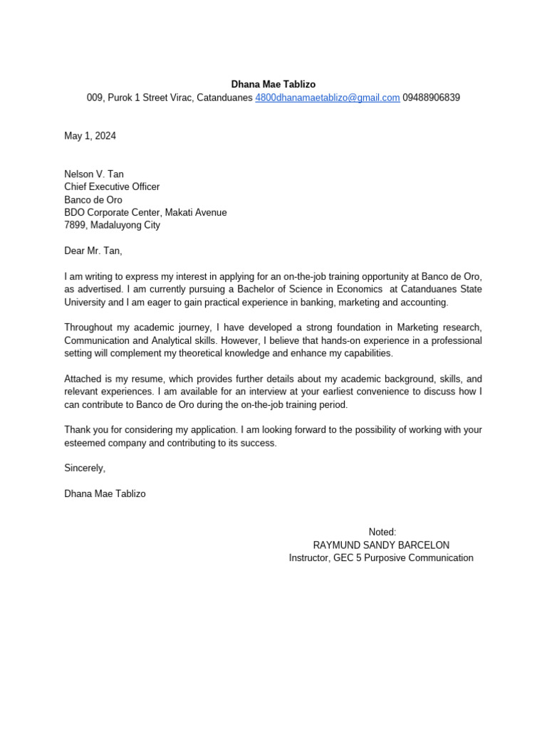 Letter For OJT Application | PDF