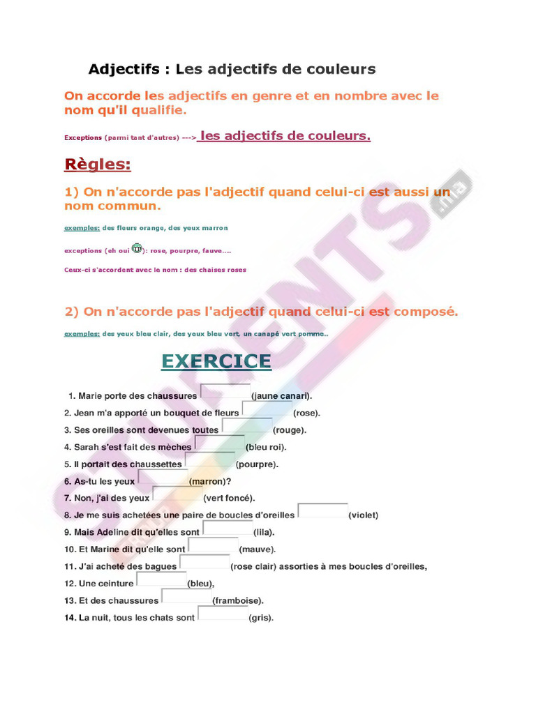 Les Adjectifs de Couleurs Français 2ème Année Collège | PDF