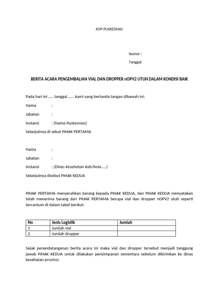 BERITA ACARA Pengembalian Vial Dan Dropper Utuh nOPV2 | PDF