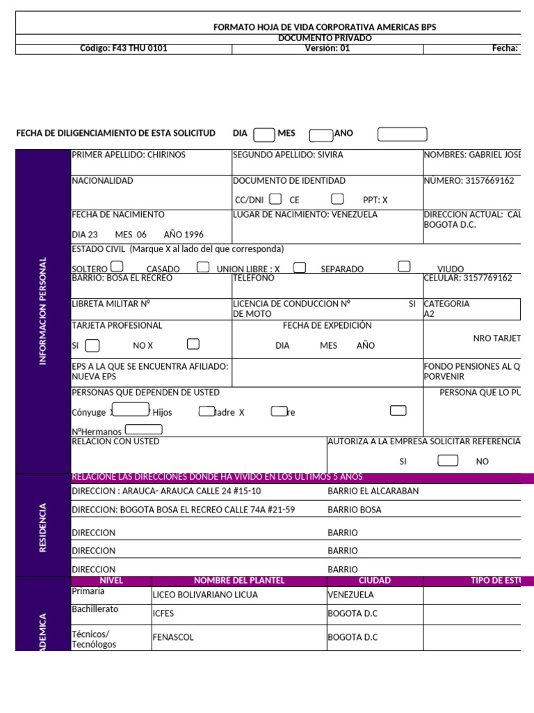 F43 THU 0101 Hoja de Vida Corporativa ABPS | PDF | Documento de identidad | Gobierno y personalidad