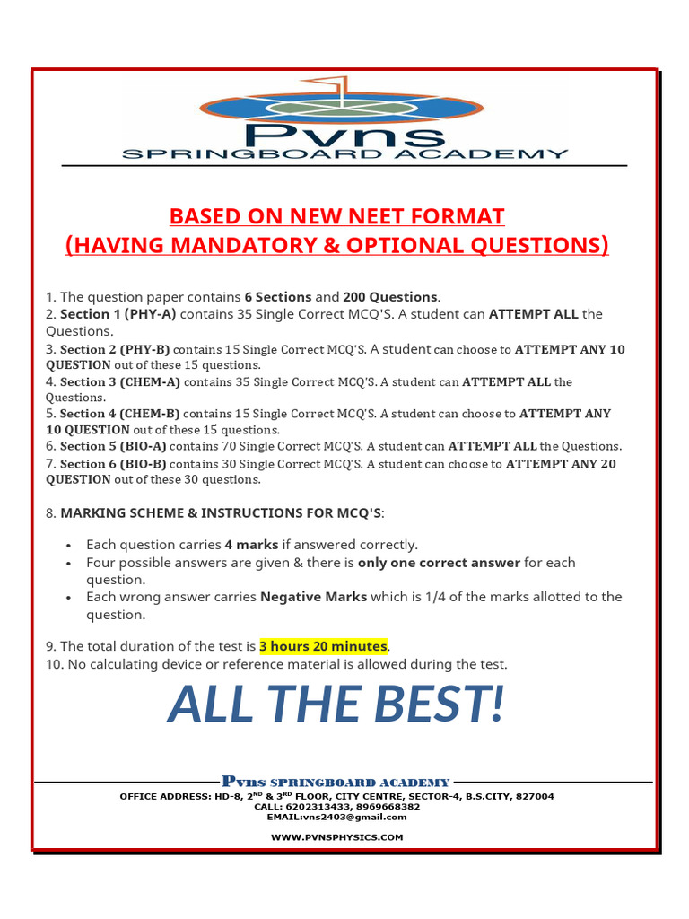 Neet - Test Instructions - Optional QNS Format | PDF